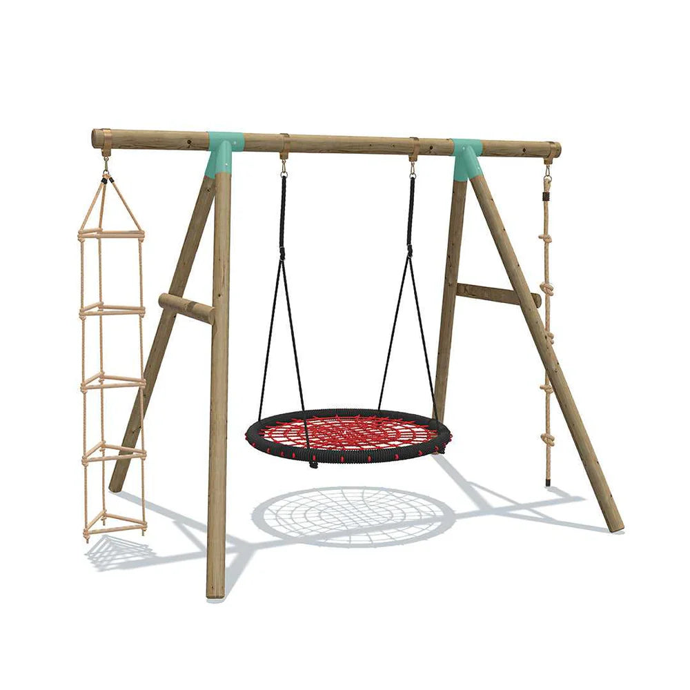3-in-1 Wooden Swing Set with Ladder - Round Net & Swing Seat